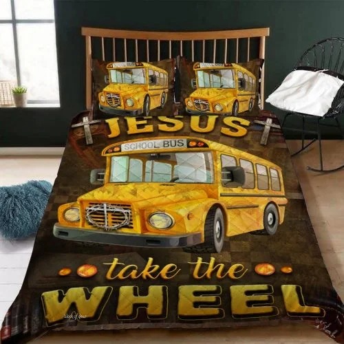 Jesus Take The Wheel School Bus Quilt Bedding Set - UX Jesus